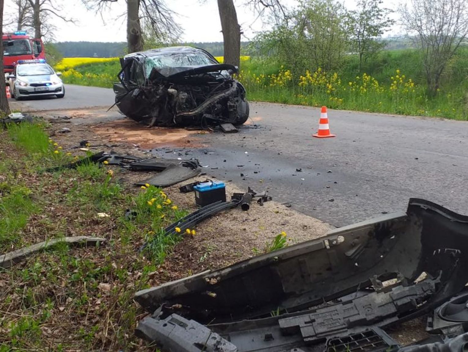 Auto całkowicie rozbite na drzewie. W szpitalu matka i kilkuletnie ...